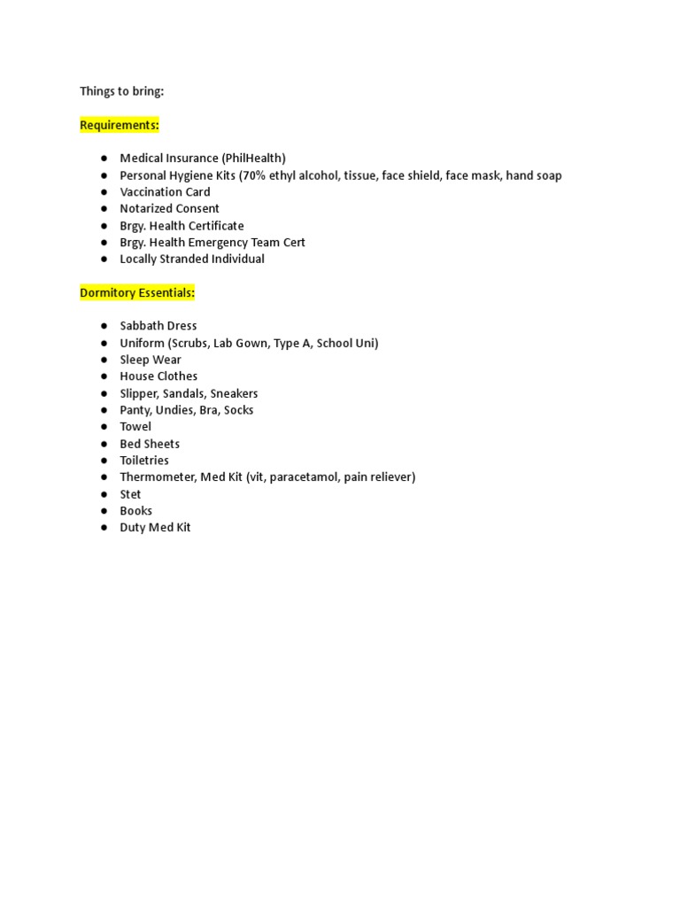 Things To Bring | PDF