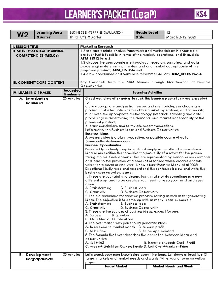 ABM12-Business Enterprise Simulation-Q3-W2-LeaP | PDF | Marketing Research | Marketing