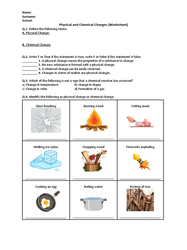 Physical and Chemical Changes Worksheet | PDF | Chemical Substances | Water