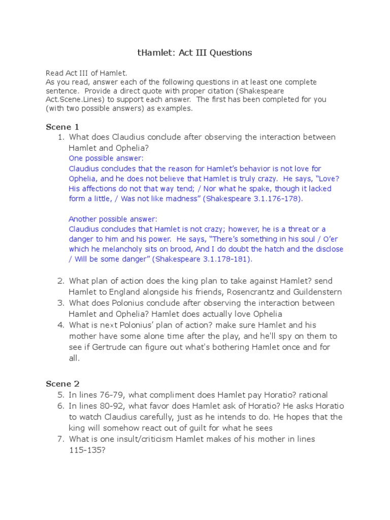 Benjamin Adkins - Hamlet Act III Questions - 4757224 | PDF | Hamlet ...