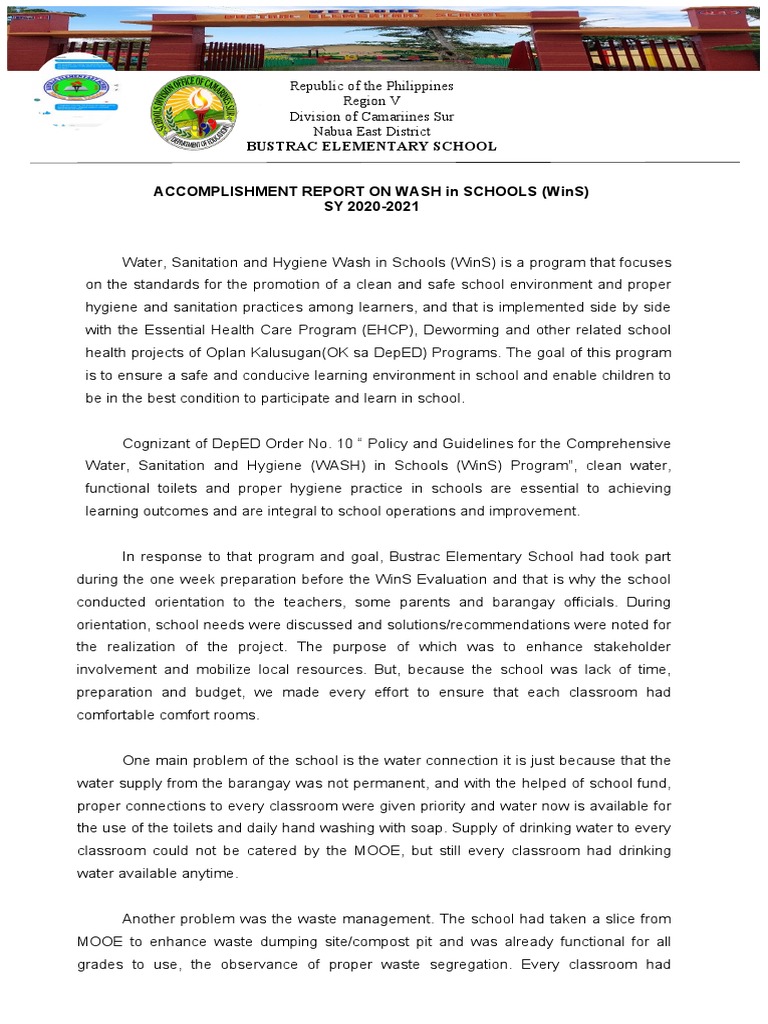 ACCOMPLISHMENT REPORT ON WASH in SCHOOLS Edited | PDF | Wash | Public ...