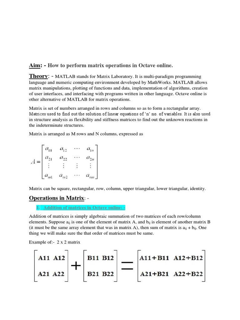 Lab Assignment 2 How To Perform Matrix Operation In Octave Online Or Matlab Pdf Matrix 