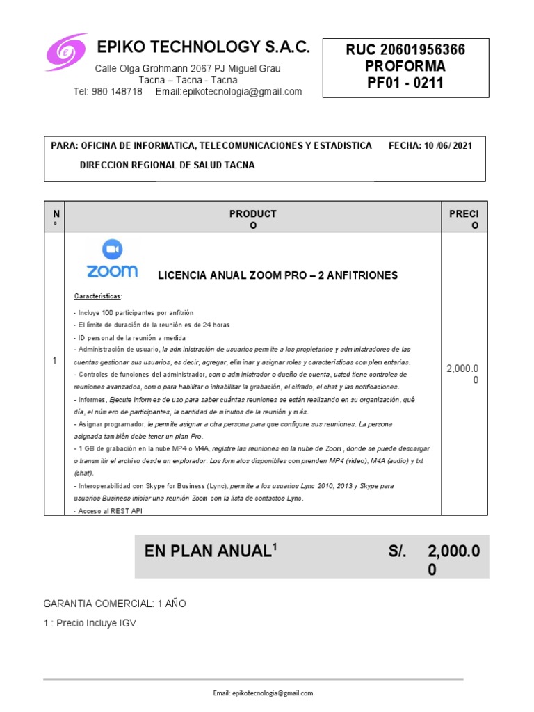 Proforma #001 - 0211 - 2021-ZOOM PRO | PDF | Tecnologías de la información | Multimedia