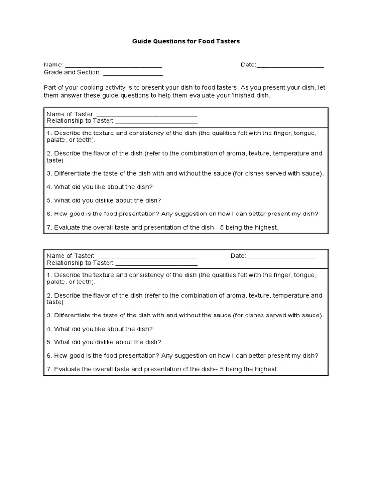 Guide Questions For Food Tasters | PDF | Wellness
