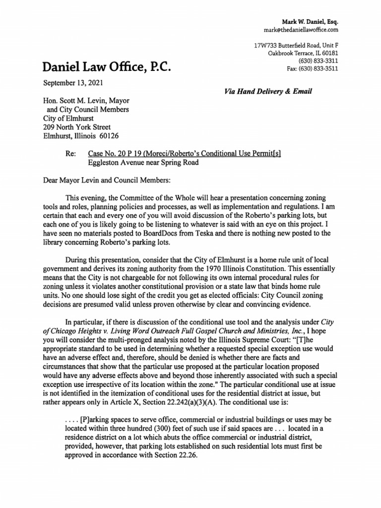 Mark Daniel Letter To Elmhurst City Council | PDF