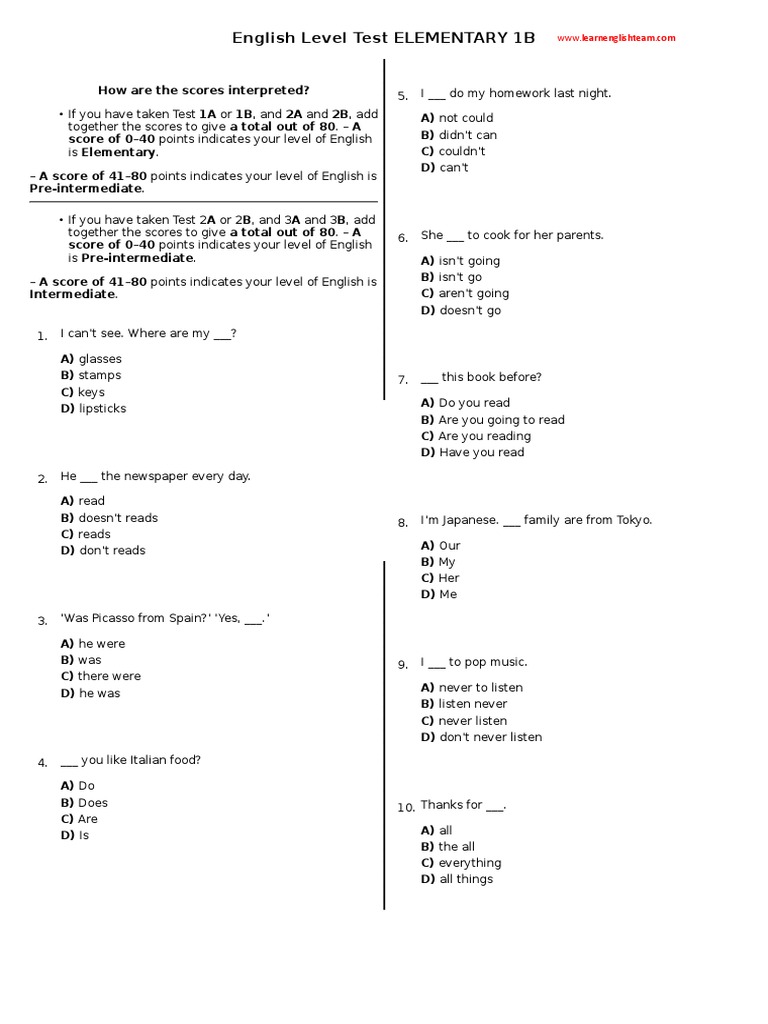 2 English Level Test Elementary B1 Learnenglishteam Com PDF
