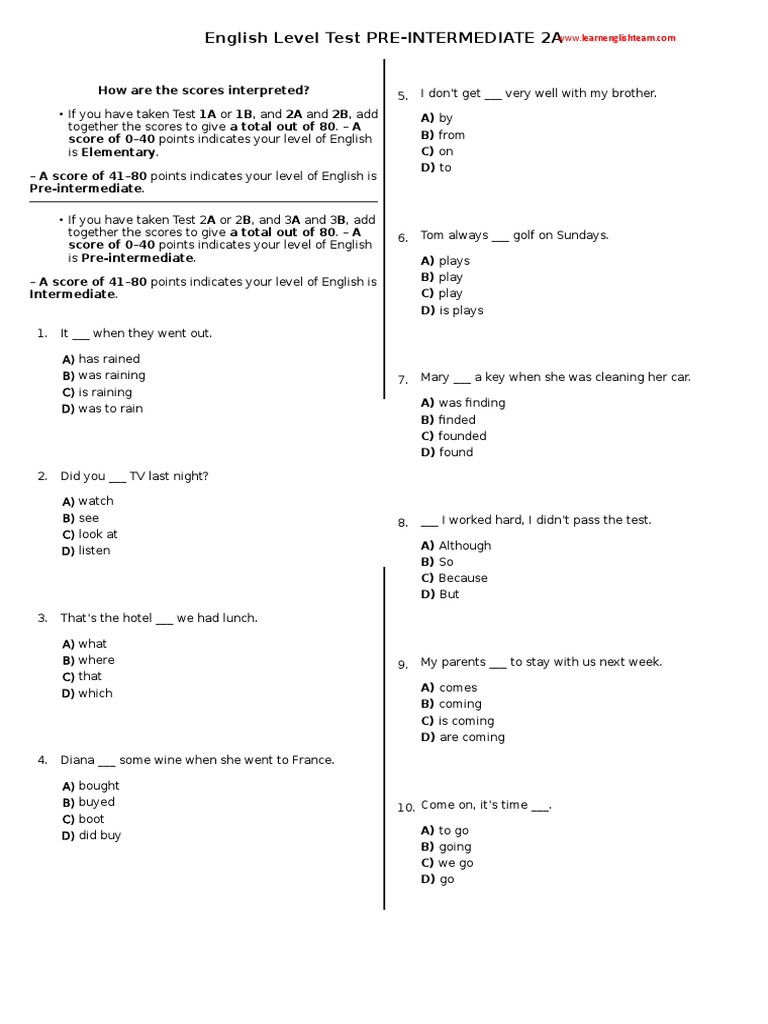English Level Test PRE-INTERMEDIATE 2A | PDF