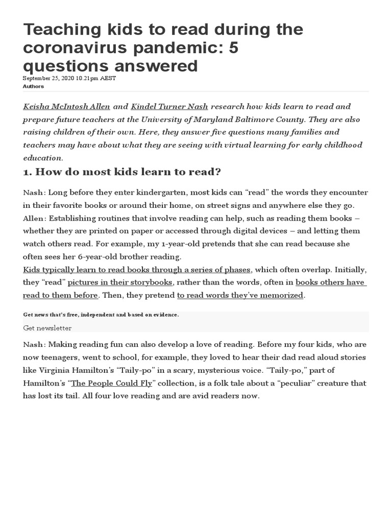 Teaching Kids To Read During The Coronavirus Pandemic | PDF | Communication