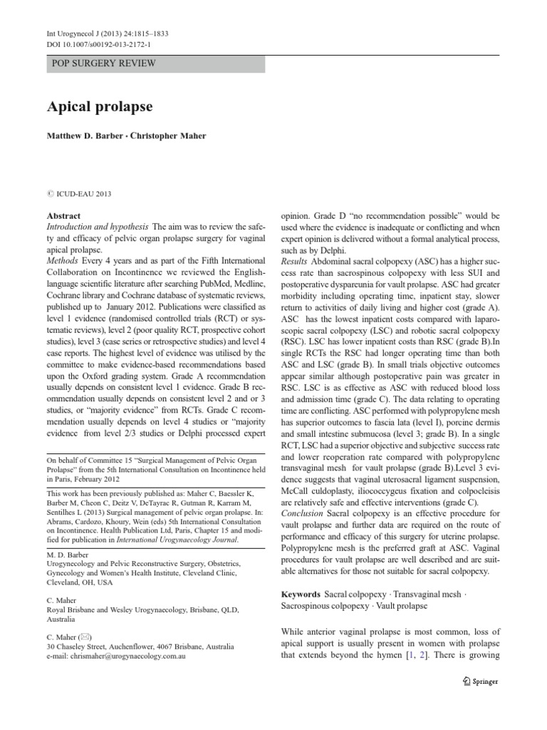 Apical Prolapse: Pop Surgery Review | PDF | Randomized Controlled Trial ...