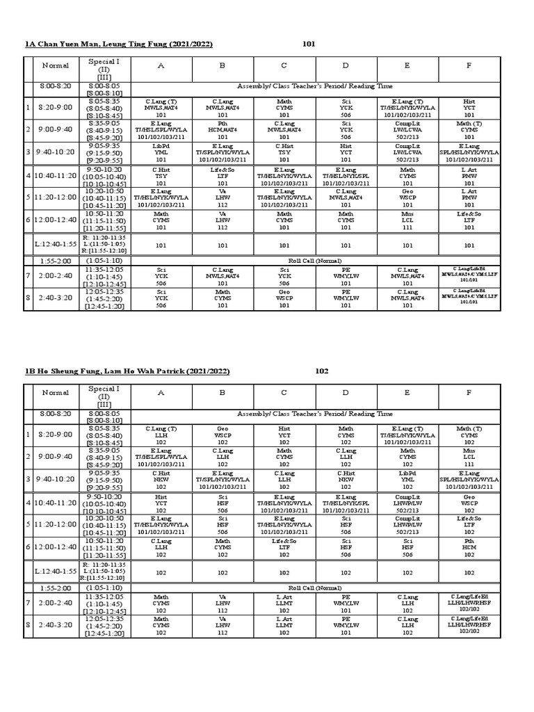 2021-2022 Class Schedule Overview | PDF