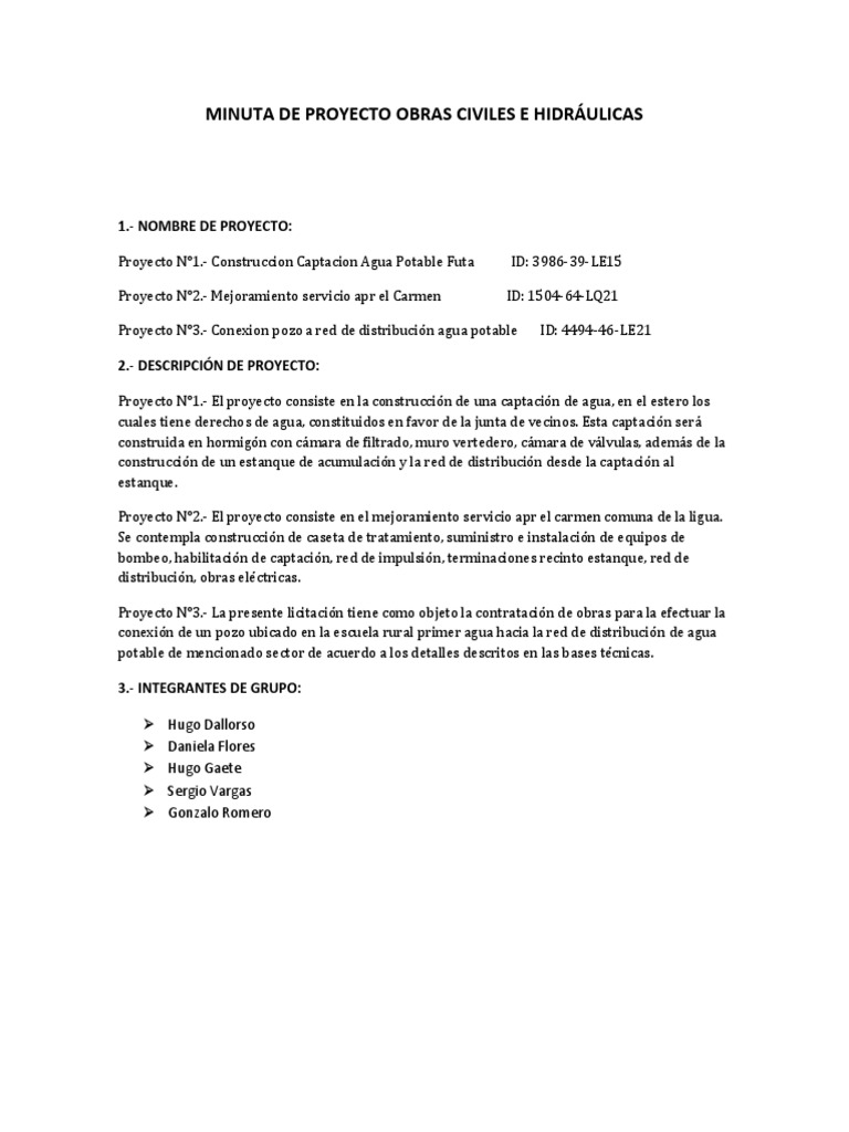 Minuta de Proyecto Obras Civiles e Hidráulicas | PDF