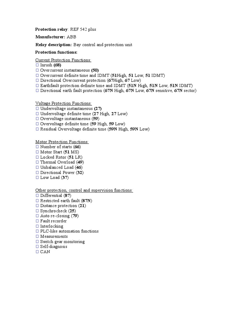 Protection Relay: REF 542 Plus Manufacturer: ABB Relay Description: Bay Control and Protection ...