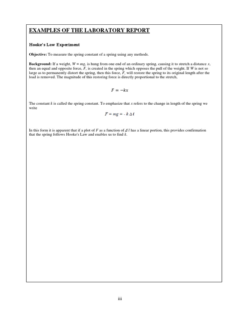 Examples of The Laboratory Report: Hooke's Law Experiment | PDF ...