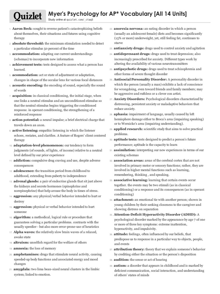 Myer S Psychology For AP Vocab ALL | PDF | Thought | Psychology