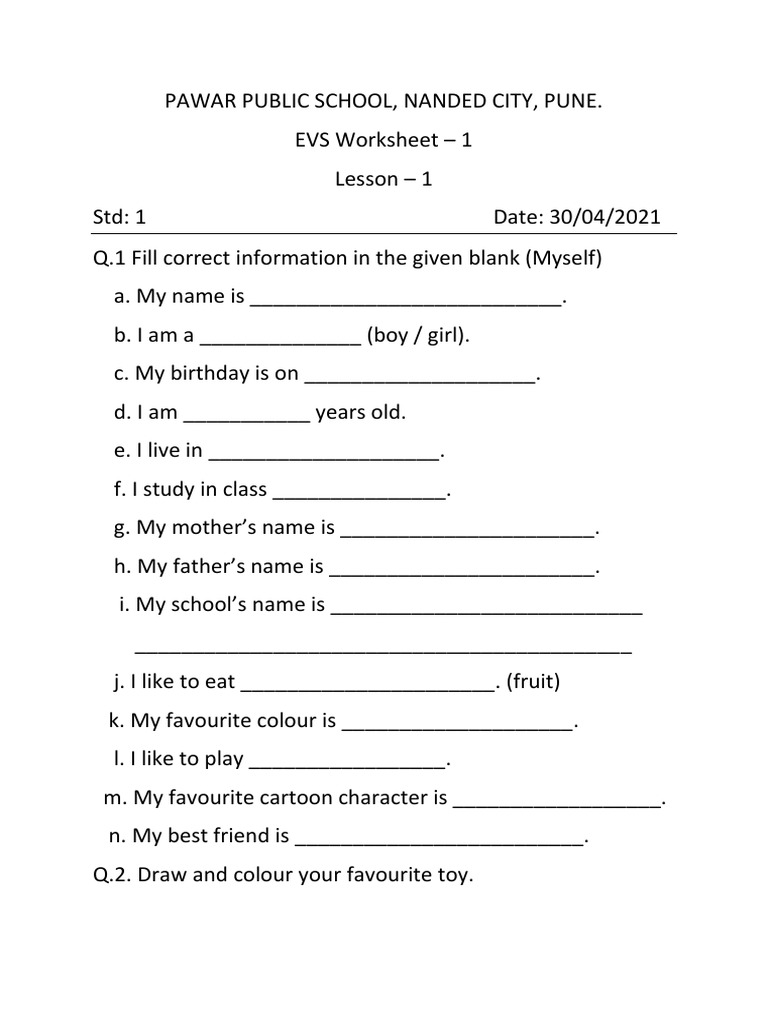 EVS Worksheet For Summer Vacation | PDF