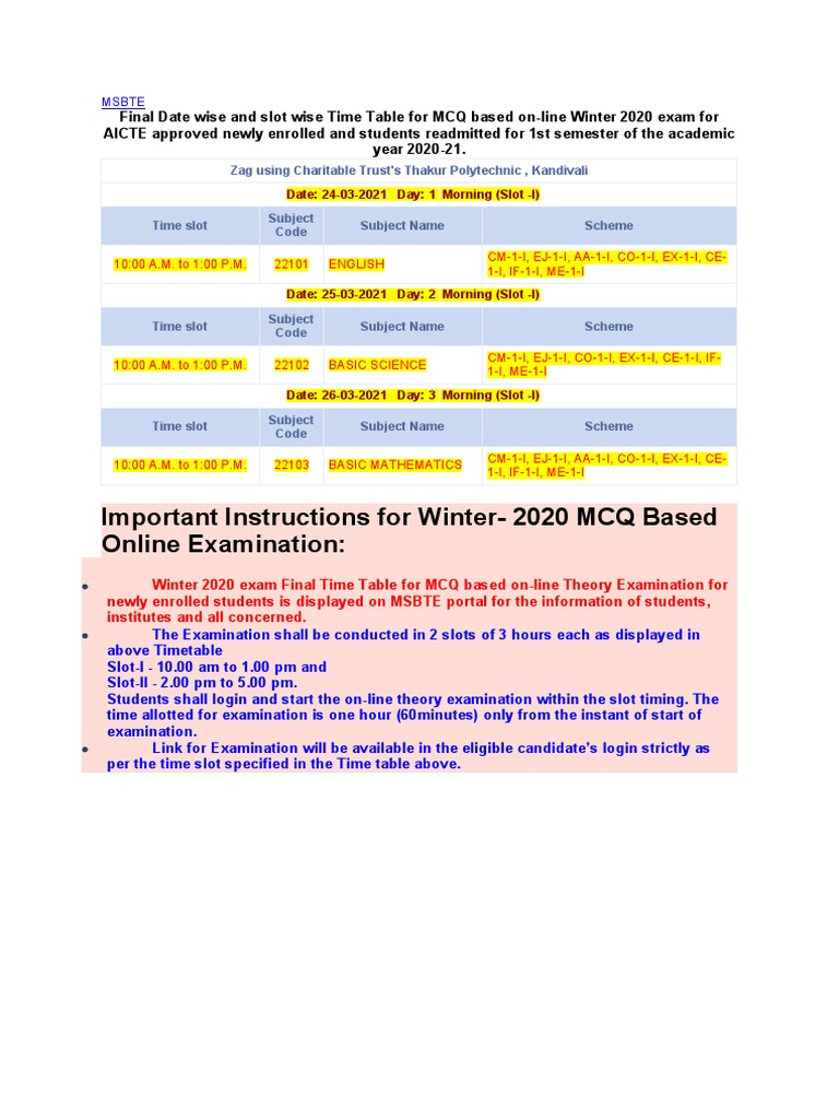 Important Instructions For Winter-2020 MCQ Based Online Examination ...