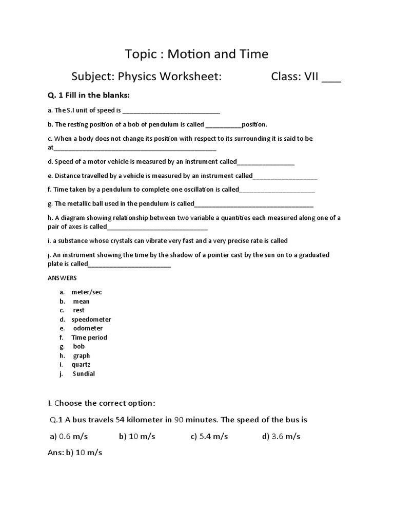 Practice Sheet Motion and Time | PDF | Speed | Time