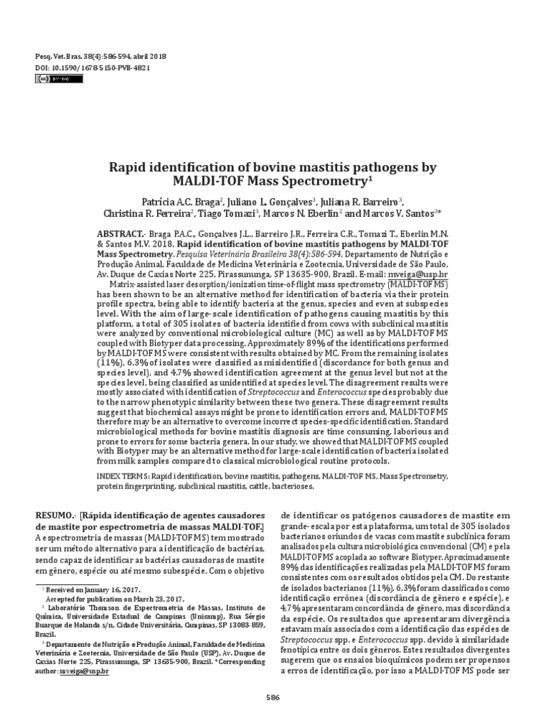 Rapid Identification Of Bovine Mastitis Pathogens By Maldi Tof Mass Spectrometry Pdf