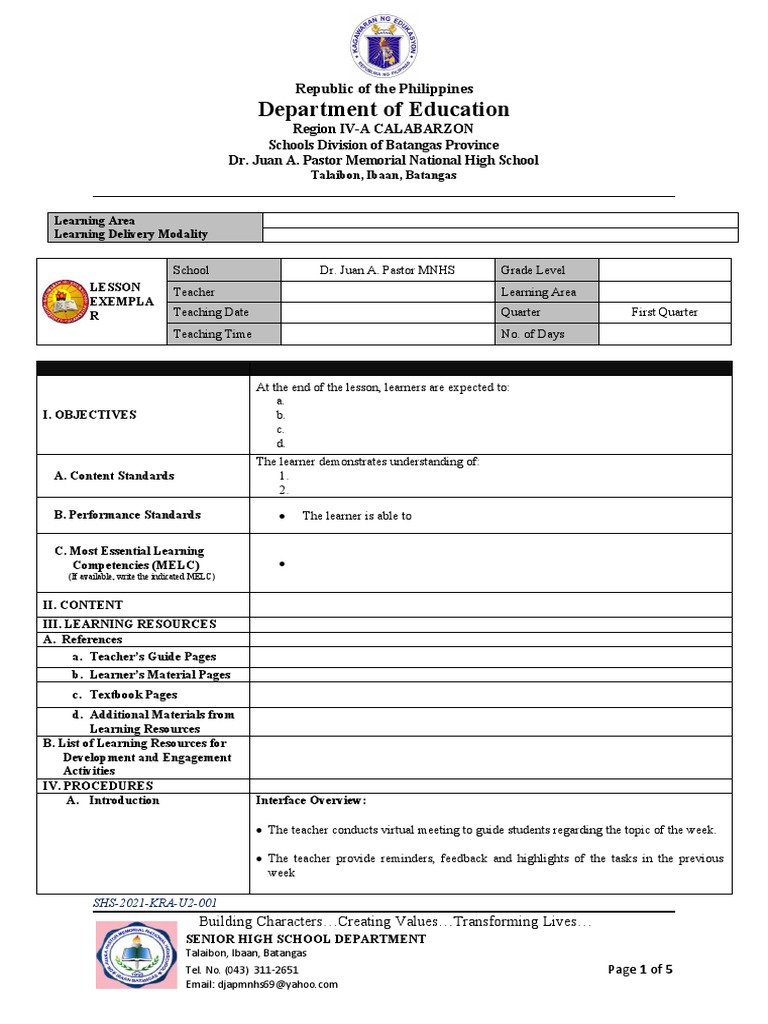 Shs Lesson-Exemplar Template | PDF | Teachers | Learning