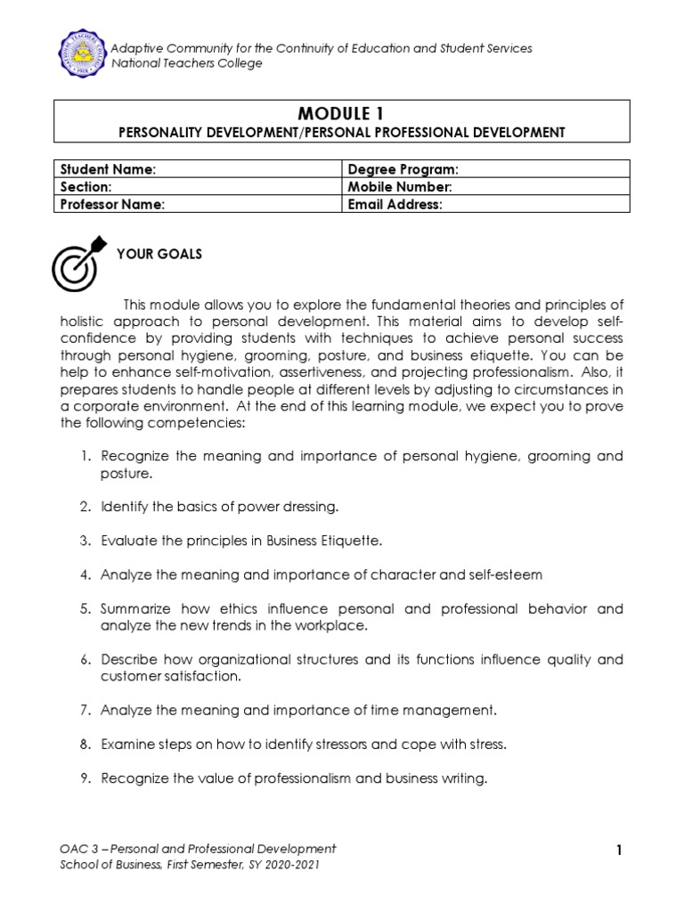 SOB - Cycle1 Personality Dev - Personal Professional Dev Module | PDF ...