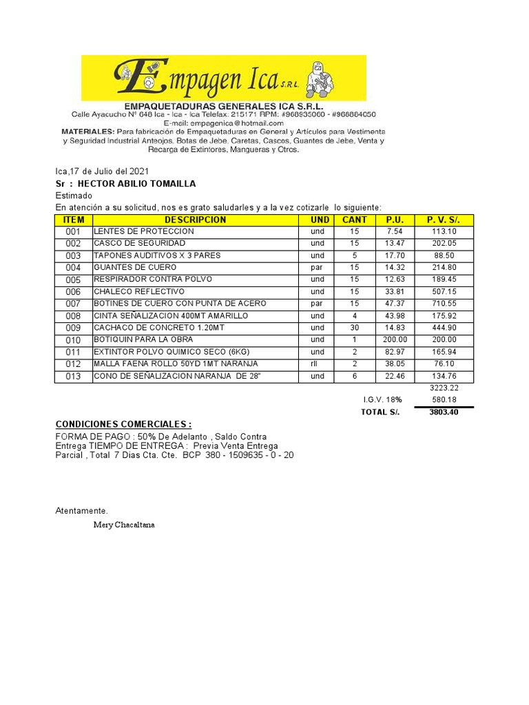 Cotizacion Empagen Ica | PDF