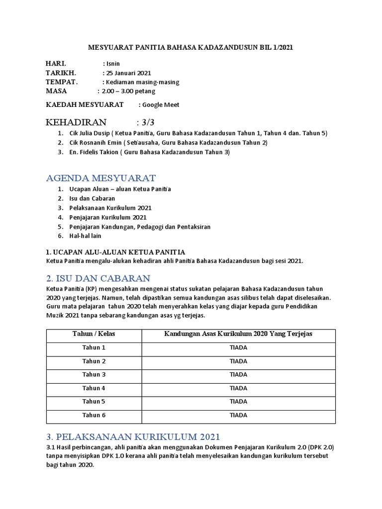 Minit Mesyuarat BKD Bil 1 2021 | PDF | Seni