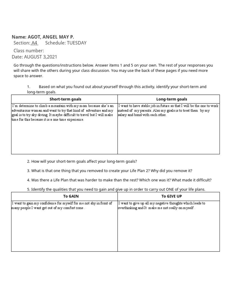 Student Success Program 007 Life Plan Activity | PDF