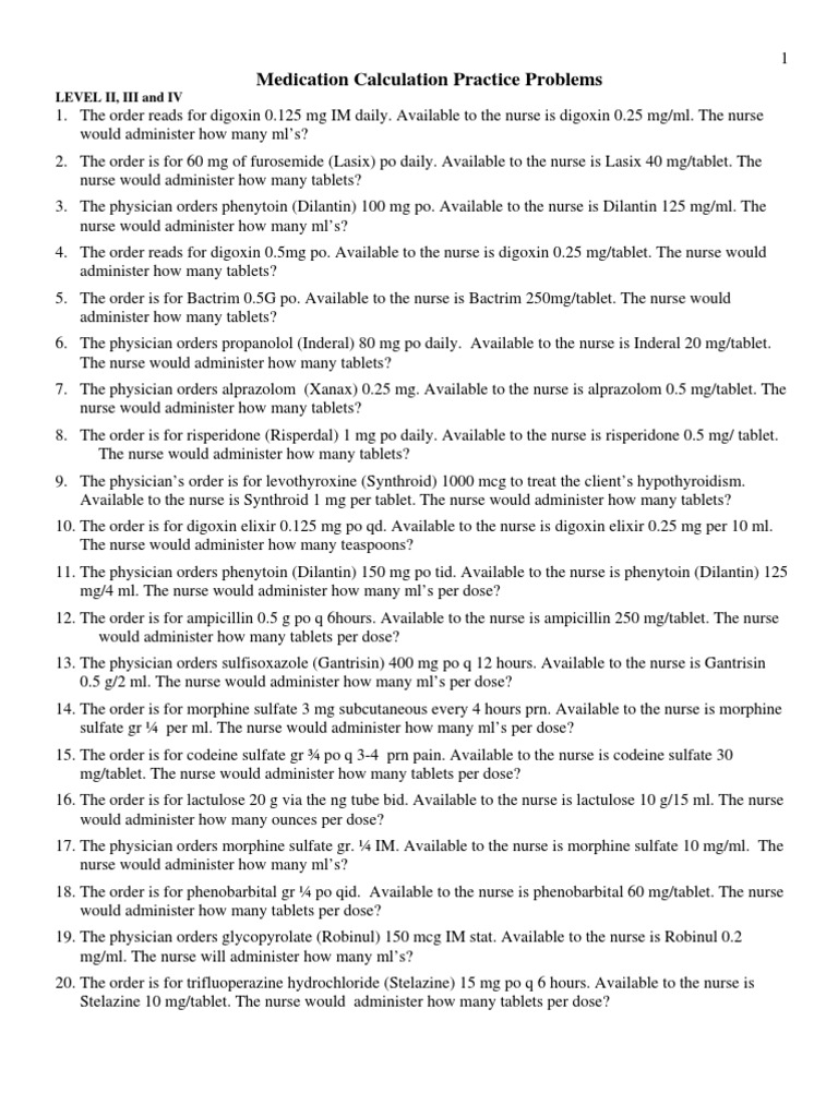 Medication Calculation Practice Problems: Level Ii, Iii and Iv | PDF ...