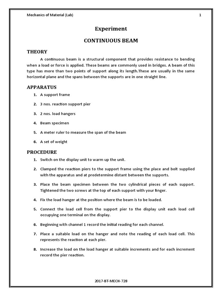 Experiment Continuous Beam: Theory | PDF | Beam (Structure) | Applied ...
