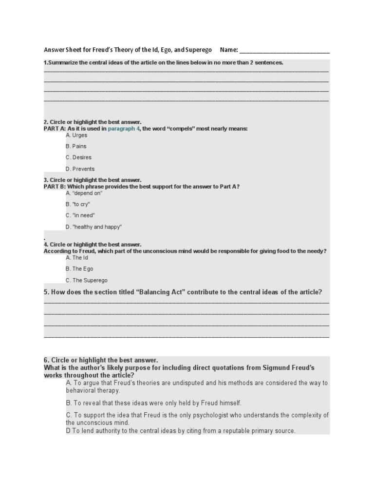 Answer Sheet For Freud's Theory of The Id, Ego, and Superego Name | PDF