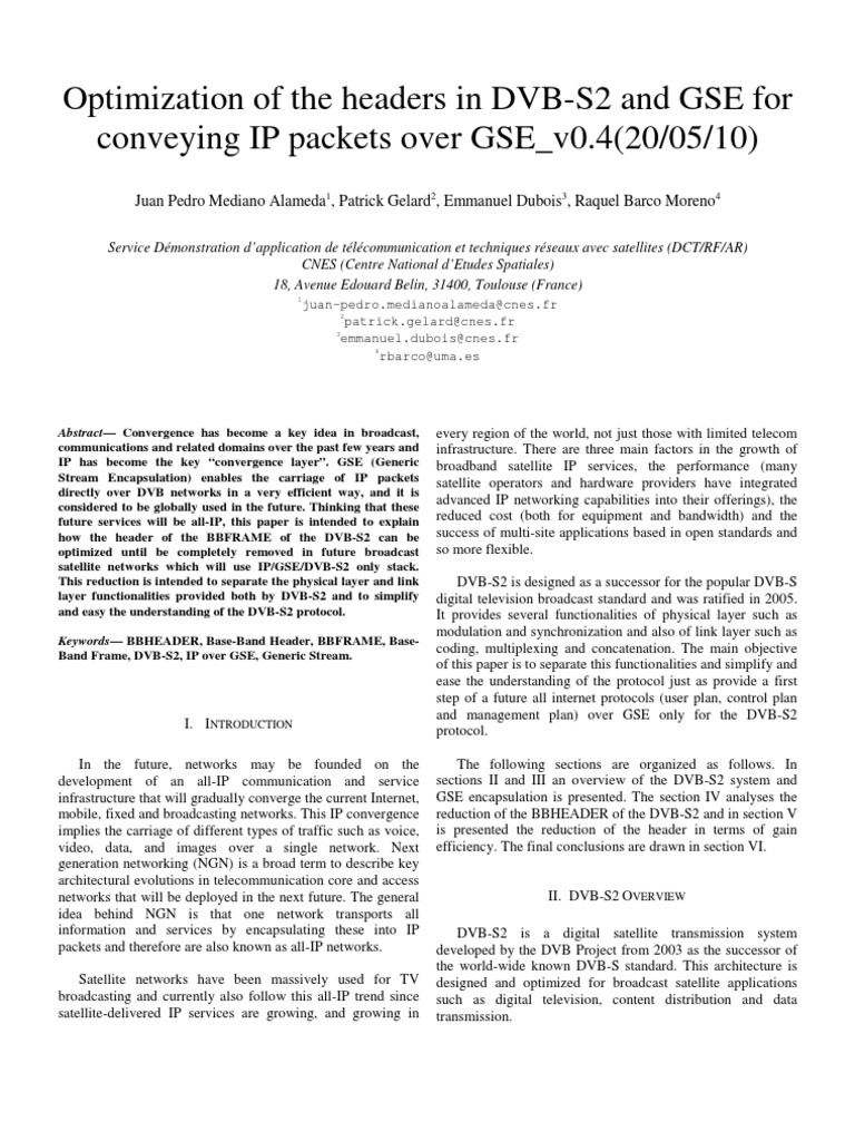 Optimization of The Headers in DVB-S2 and GSE For Conveying IP Packets Over GSE - v04 | PDF ...