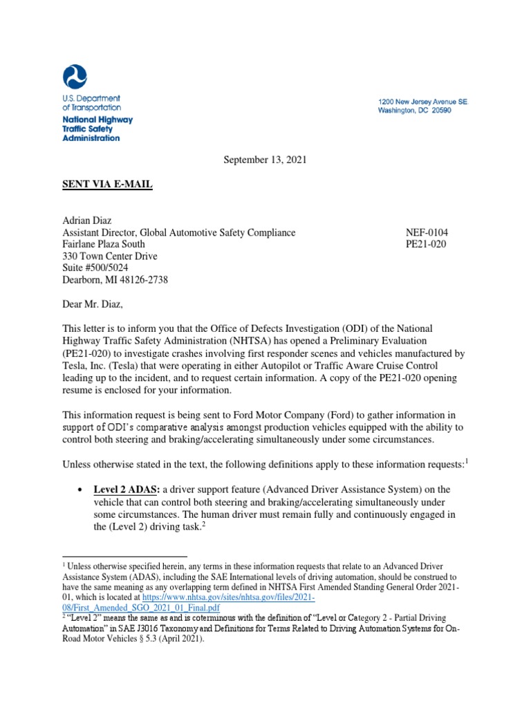 NHTSA Ford Letter | PDF | System | National Highway Traffic Safety ...