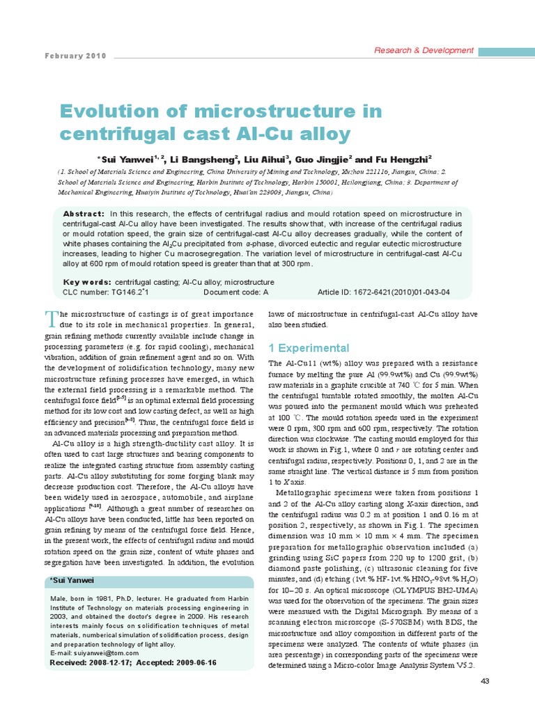 Evolution of Microstructure in Centrifugal Cast Al-Cu Alloy | PDF ...