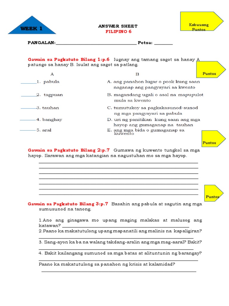 Answer Sheet Filipino 6 | PDF