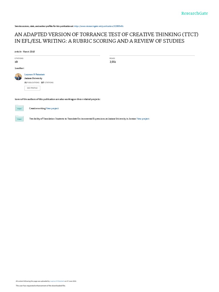 An Adapted Version of Torrance Test of Creative Thinking (TTCT) in Efl ...