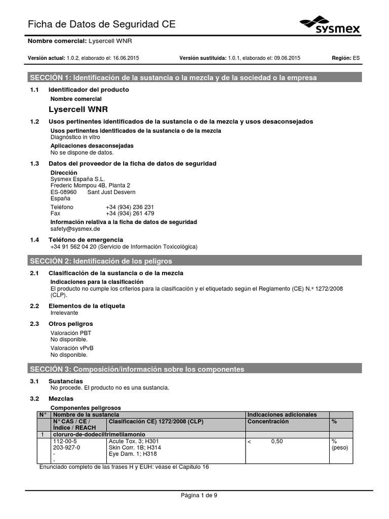 Ficha de Seguridad Lysercell WNR | PDF | Toxicidad | Química
