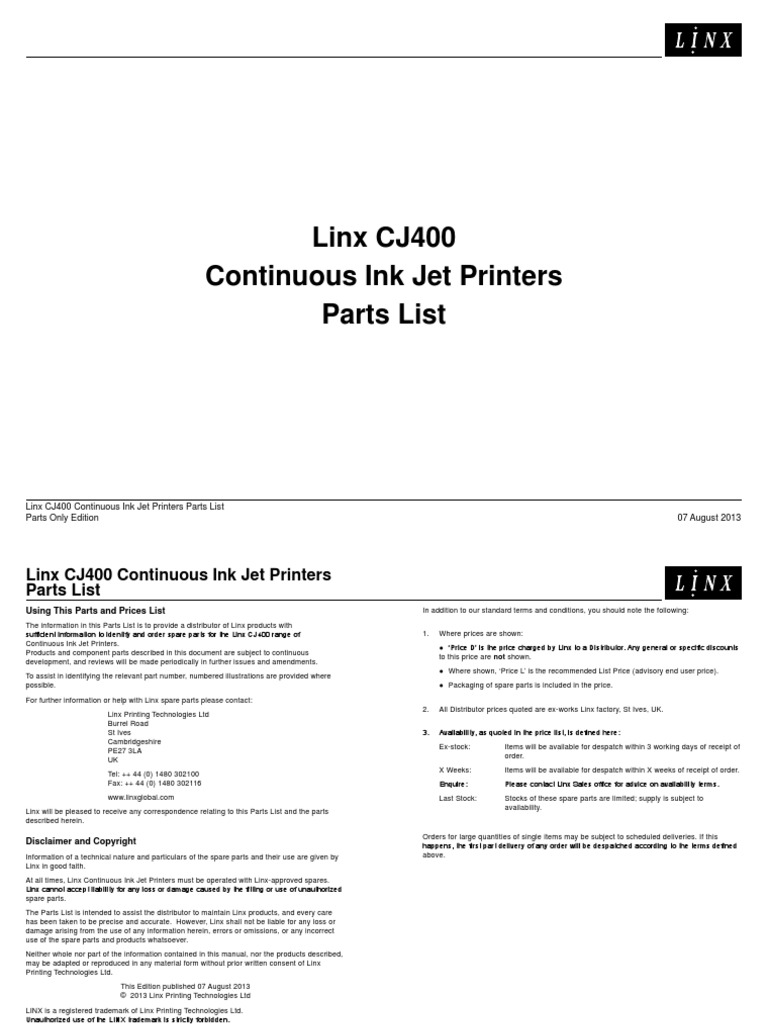 Manual Linx CJ 400 | PDF | Printer (Computing) | Pump