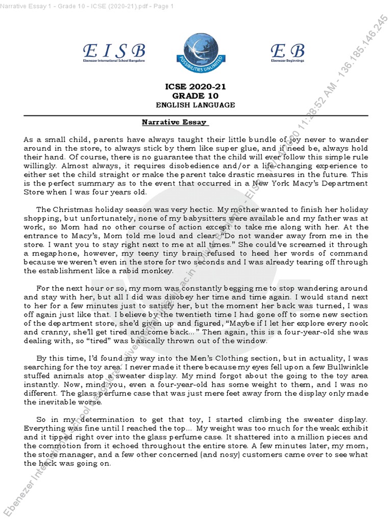 Narrative Essay 1 - Grade 10 - ICSE (2020-21) | PDF