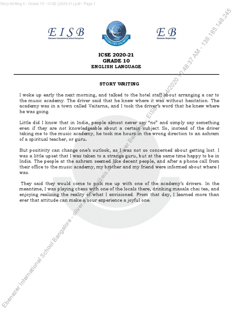 Story Writing 4 - Grade 10 - ICSE (2020-21) | PDF
