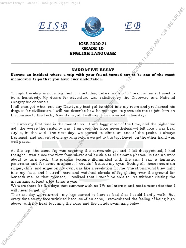 Narrative Essay 2 - Grade 10 - ICSE (2020-21) | PDF