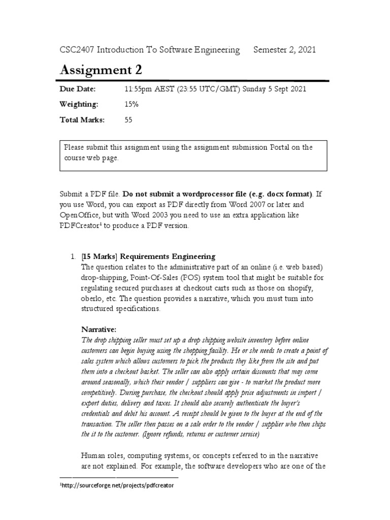 Assignment 2: CSC2407 Introduction To Software Engineering Semester 2, 2021 | PDF | Point Of ...