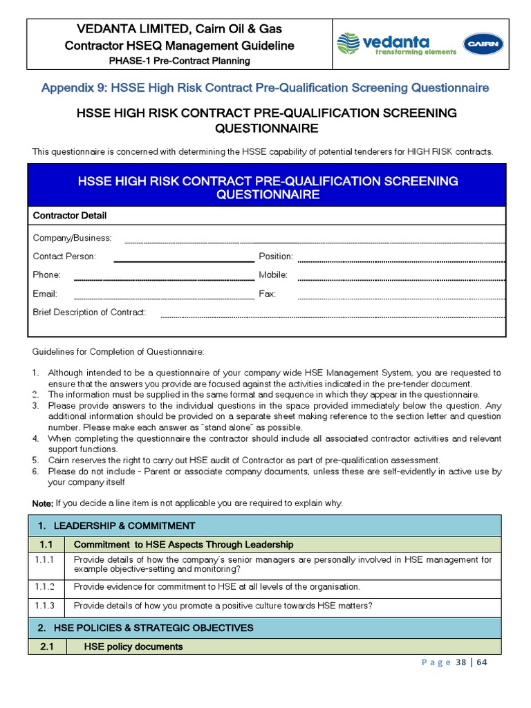 HSSE Pre-Qualification Screening Guide | PDF | Hazards | Occupational ...
