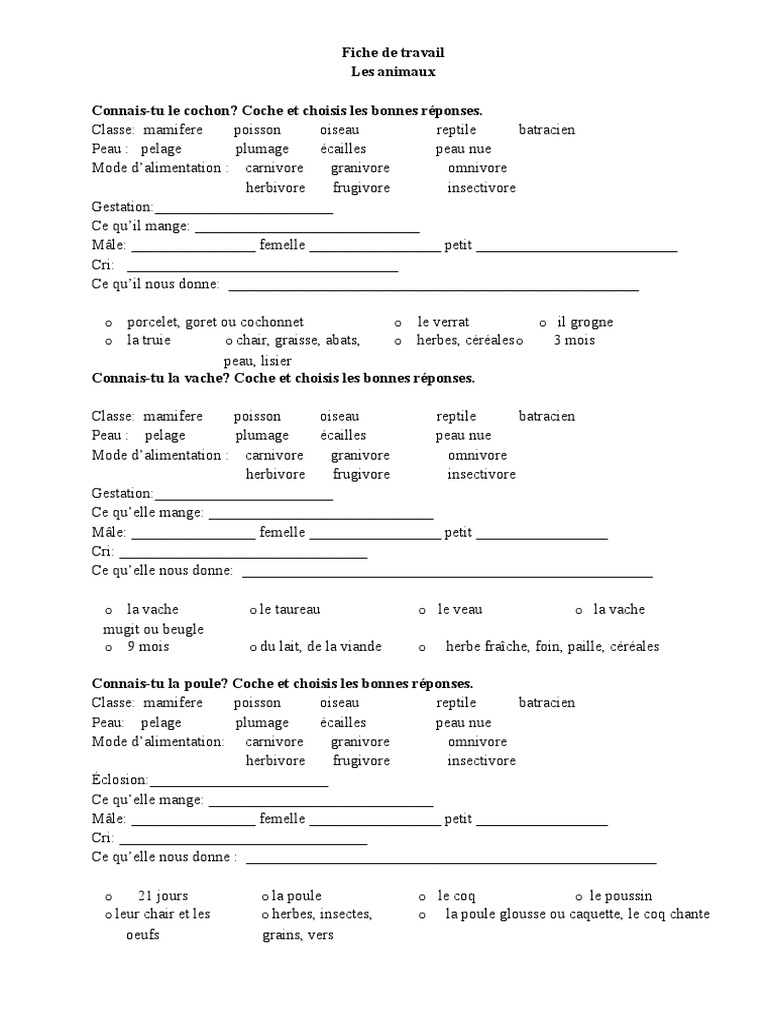 Fiche Animaux: Cochons, Vaches, Poules... | PDF | Chèvre | Cochon ...