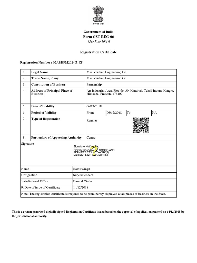 Registration Certificate for Maa Vaishno Engineering Co | PDF | Justice ...