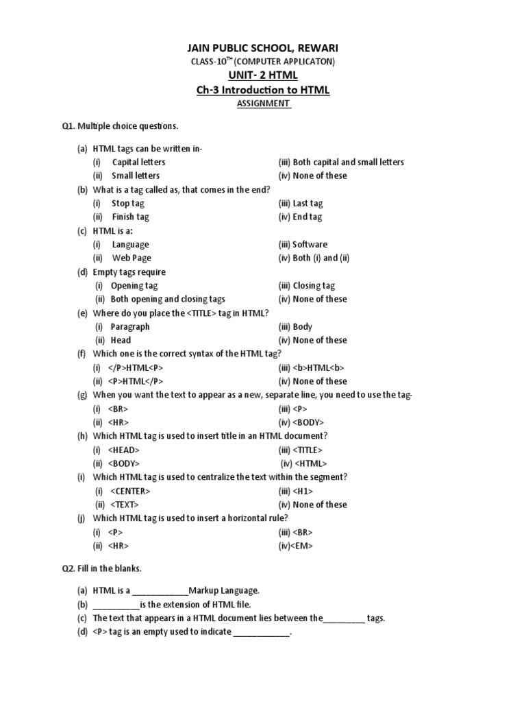 10 CA Ch-3 HTML Assignment | PDF | Html Element | Html