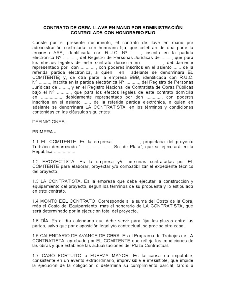 Contrato de Obra Llave en Mano Por Administración Controlada Con Honorario Fijo | PDF ...