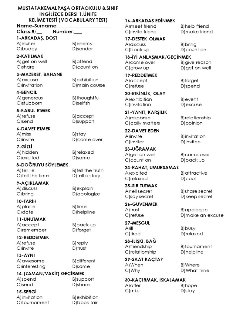 8TH Grades Unit 1 Vocabulary Test | PDF