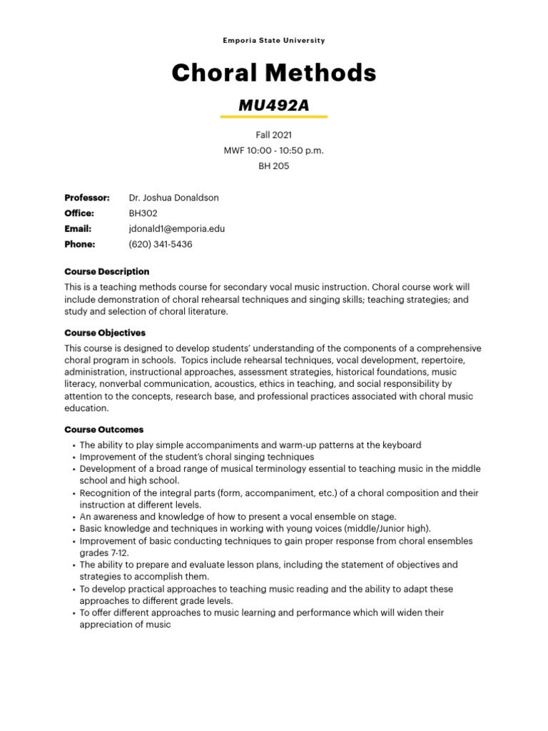 Choral Methods Syllabus | PDF | Choir | Inclusion (Education)