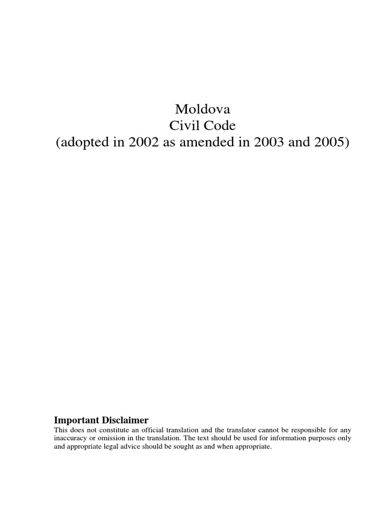 Moldova Civil Code (Adopted in 2002 As Amended in 2003 and 2005) | PDF ...