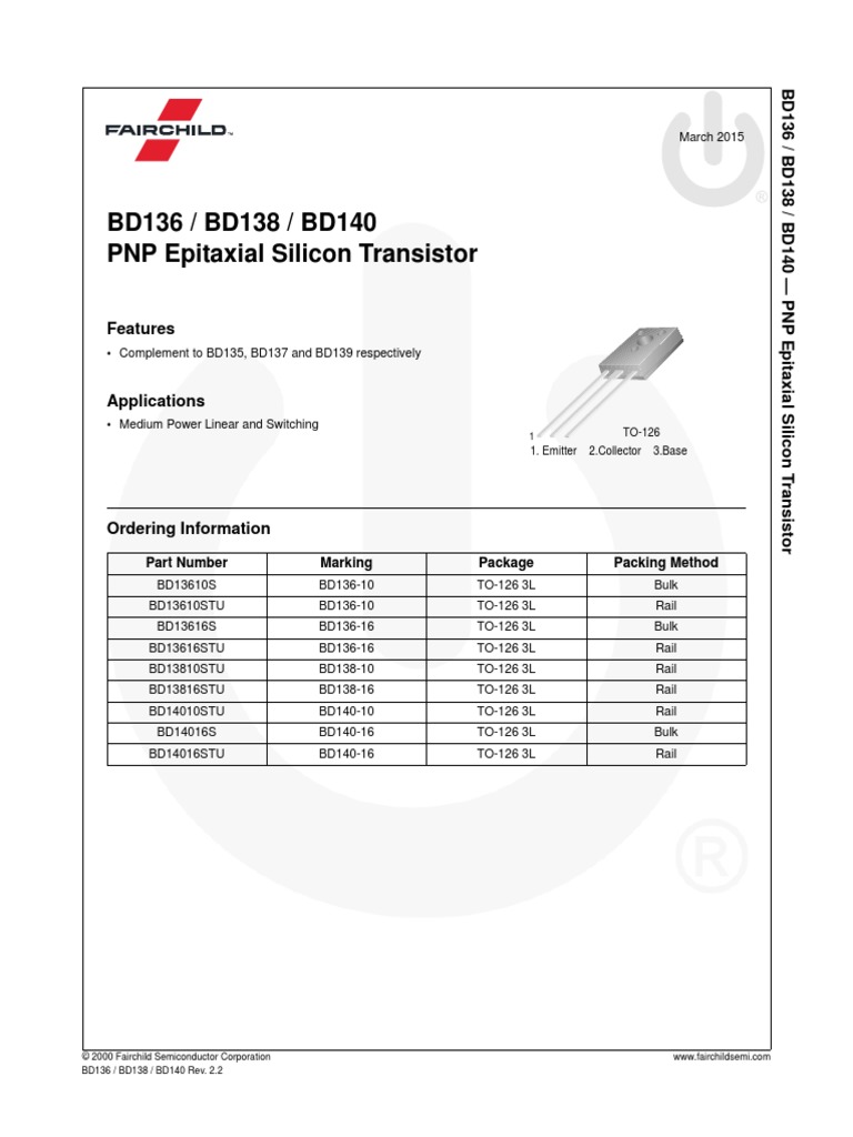 BD136 / BD138 / BD140 PNP Epitaxial Silicon Transistor: Features | PDF ...